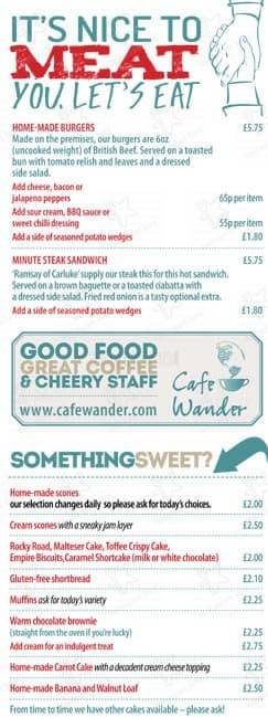 Menu at Cafe Wander, Glasgow, 110 W George St