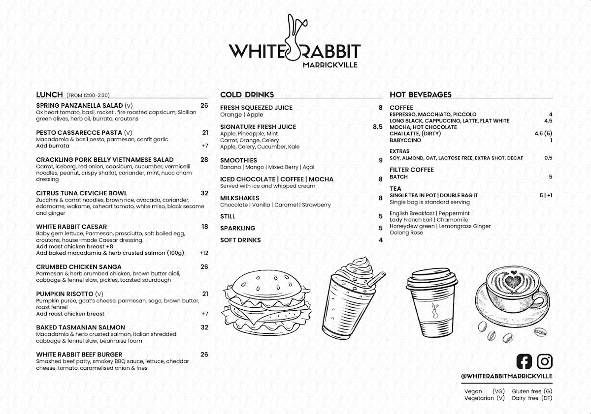 Menu at White Rabbit Marrickville cafe, Marrickville