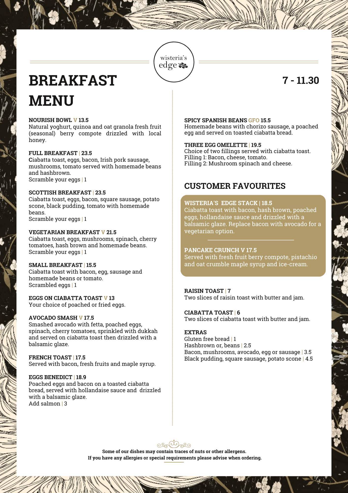 Menu at Wisteria's Edge cafe, Edgewater
