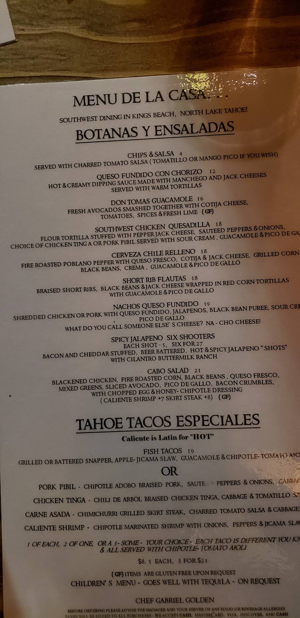 Carta de Cafe Zenon, Tahoe City