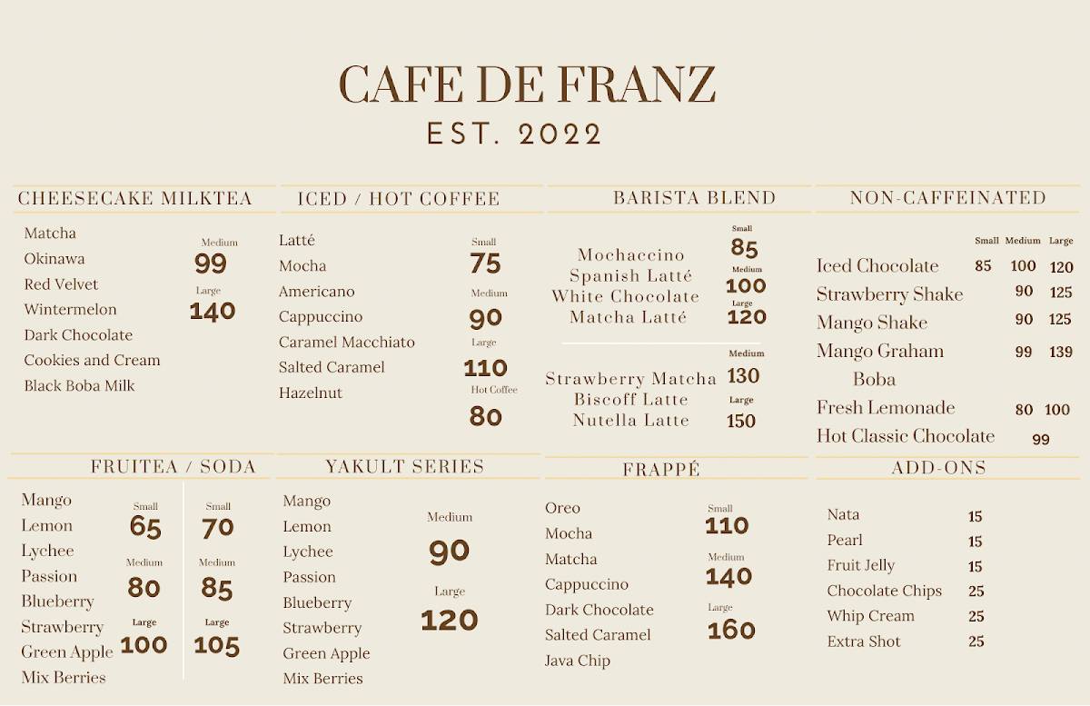 Menu at Cafe de Franz, Quezon City