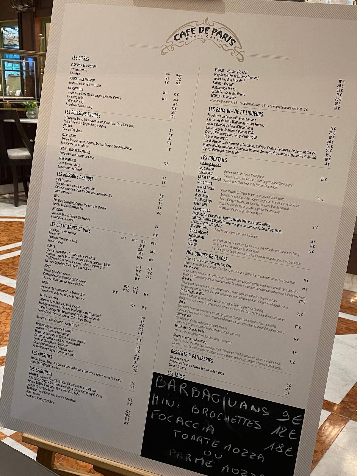 Menu au Café de Paris Monte-Carlo, Monaco
