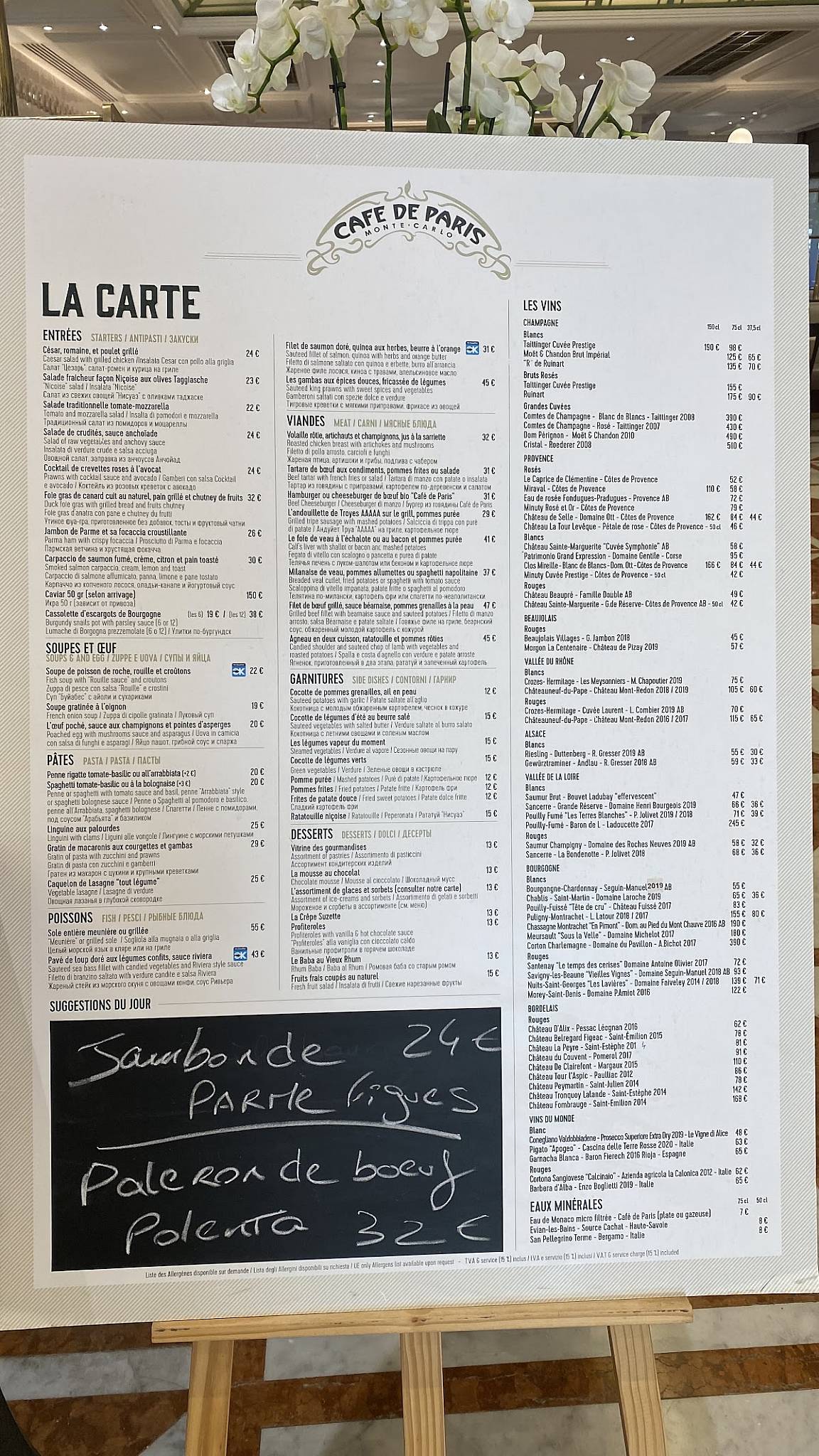 Menu au Café de Paris Monte-Carlo, Monaco