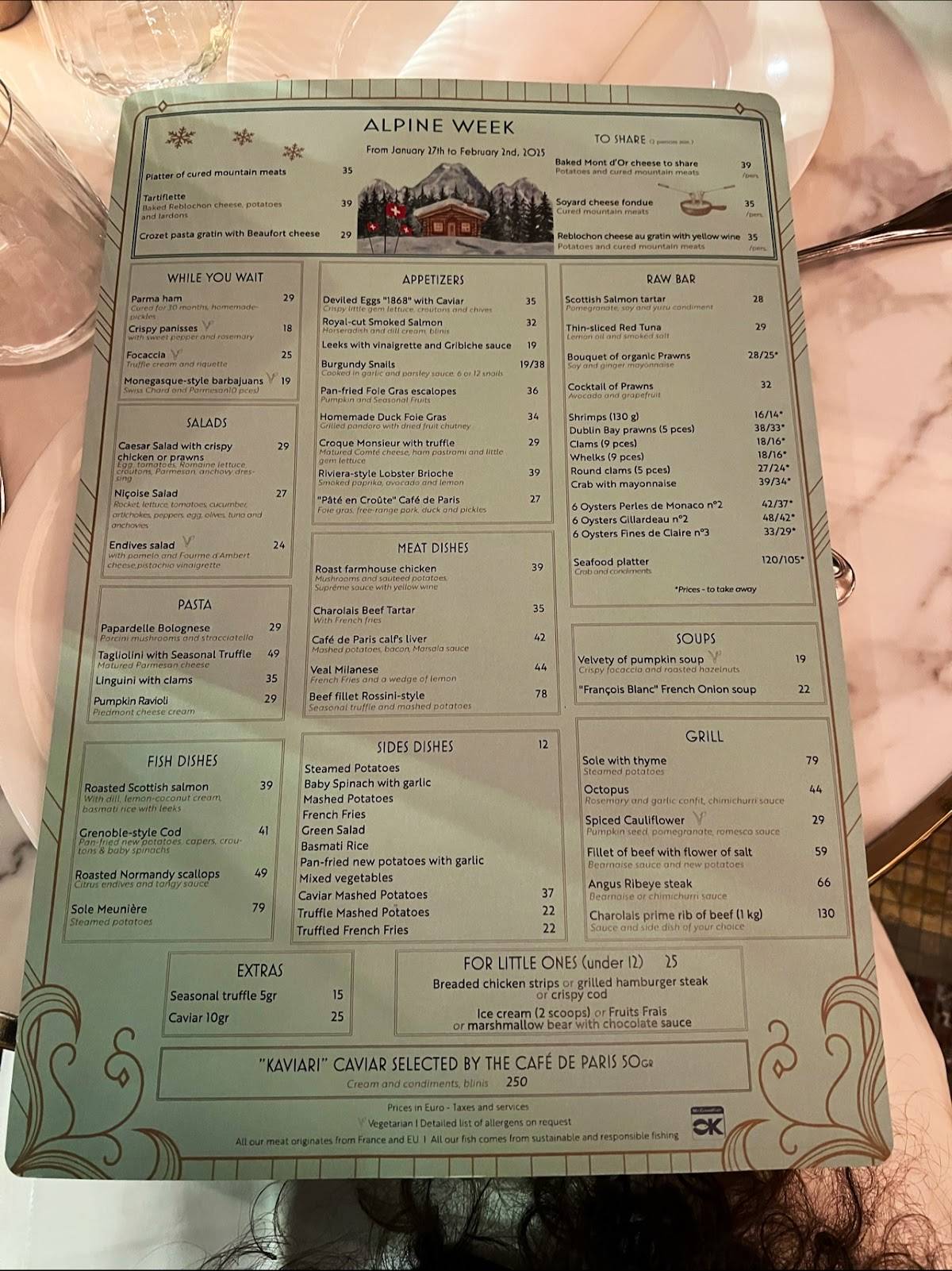 Menu at Place du Casino restaurant, Monaco-Ville