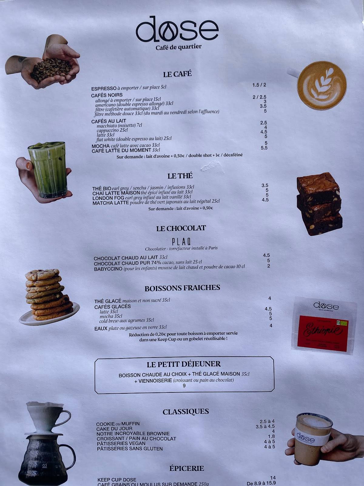 Menu at dose cafe, Paris, 73 Rue Mouffetard