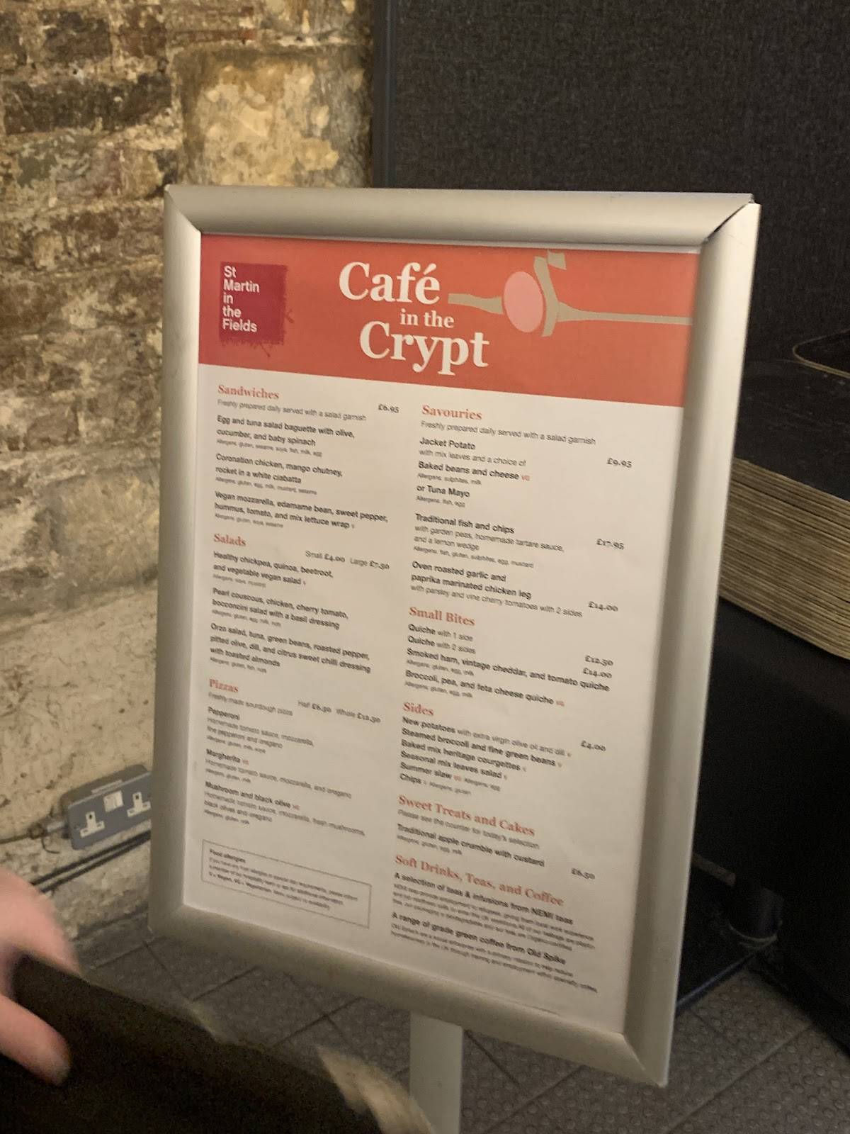 Menu at Café in the Crypt cafe, London, Trafalgar Sq