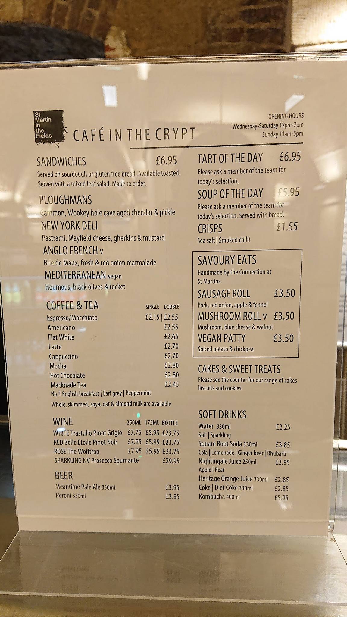 Menu at Café in the Crypt cafe, London, Trafalgar Sq