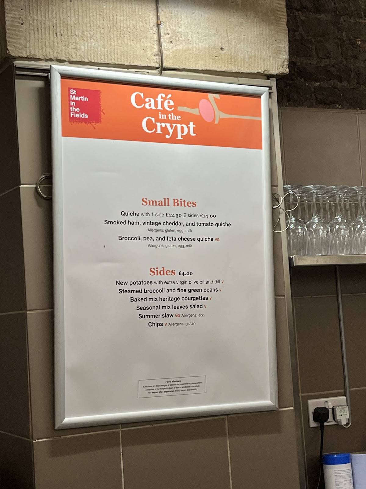 Menu at Café in the Crypt cafe, London, Trafalgar Sq