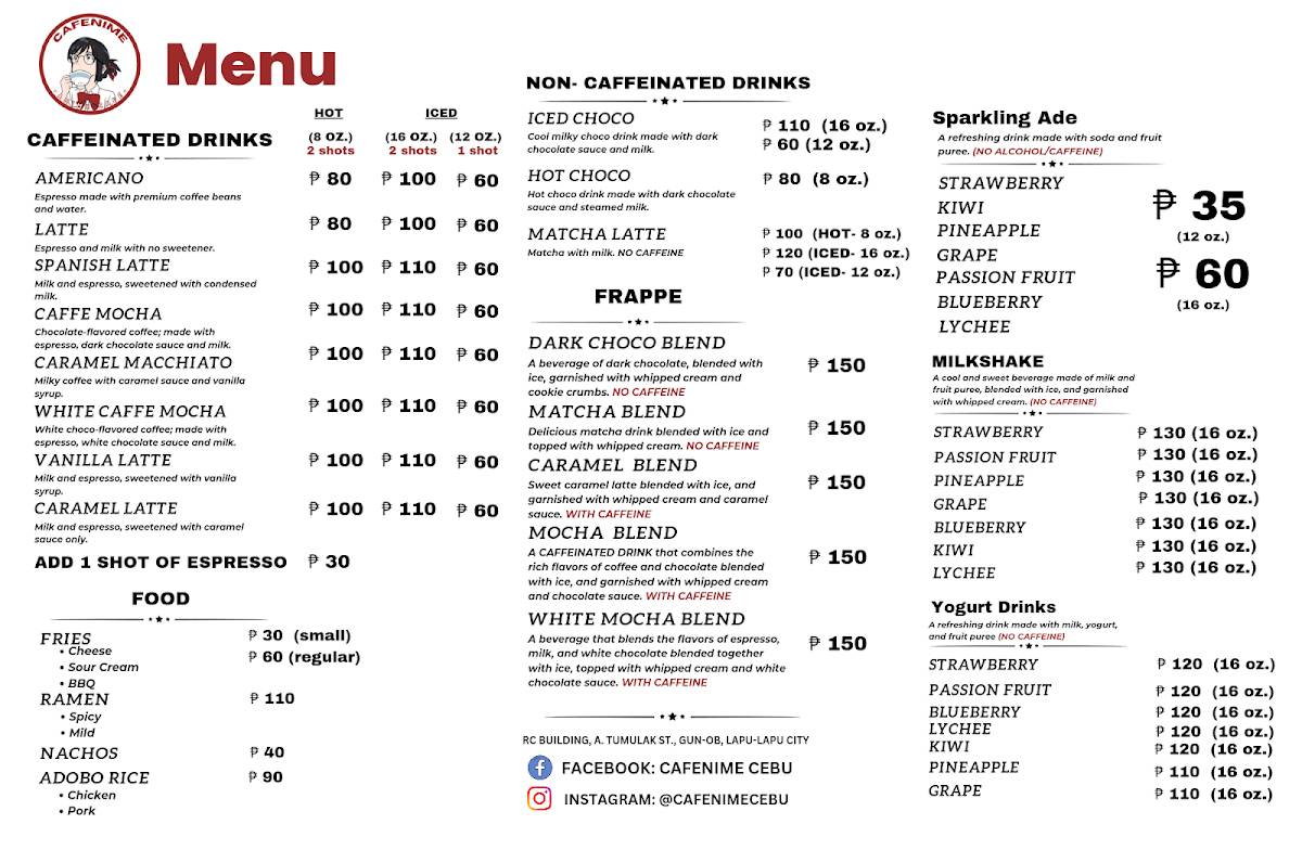 Menu at Cafenime CEBU, Lapu-Lapu City