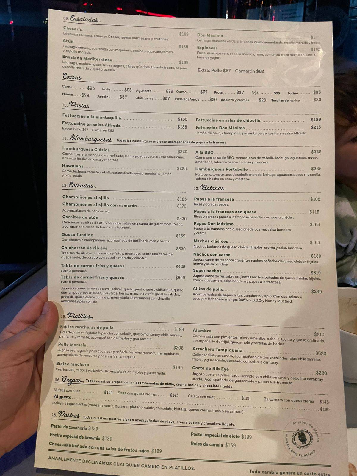 Carta de cafetería Don Máximo, Tijuana