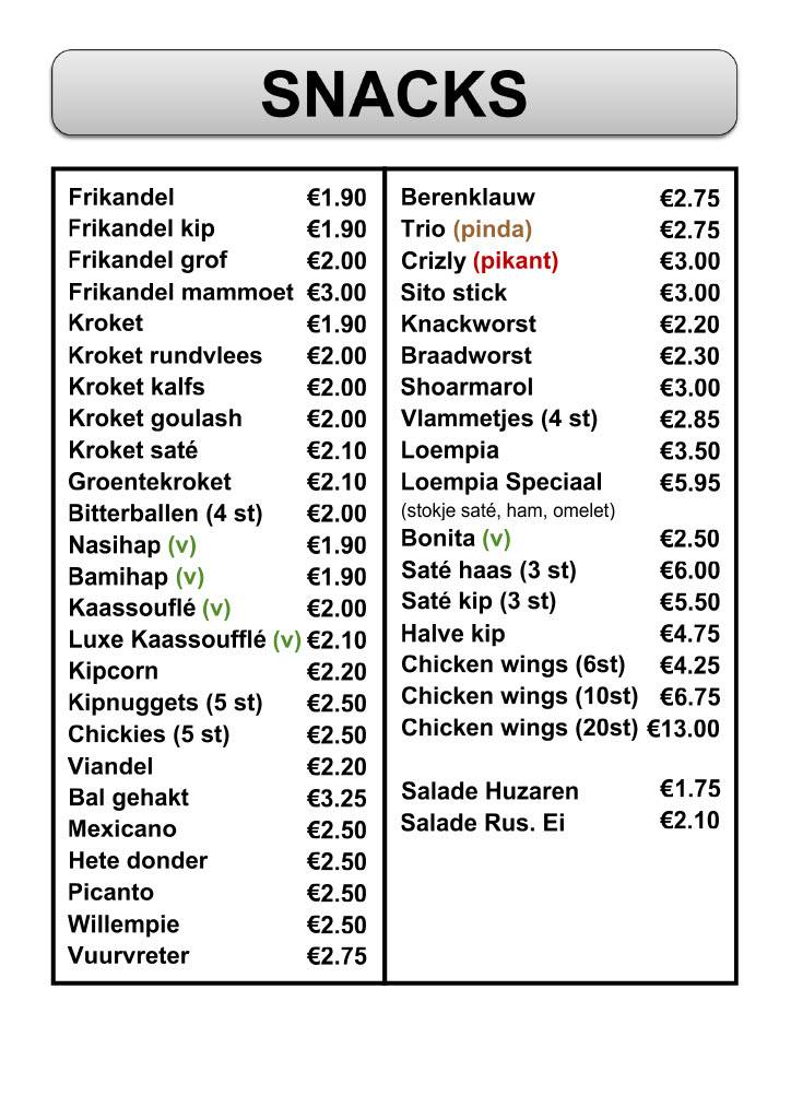 Menu at Snackkiosk Zevenkamp, Rotterdam