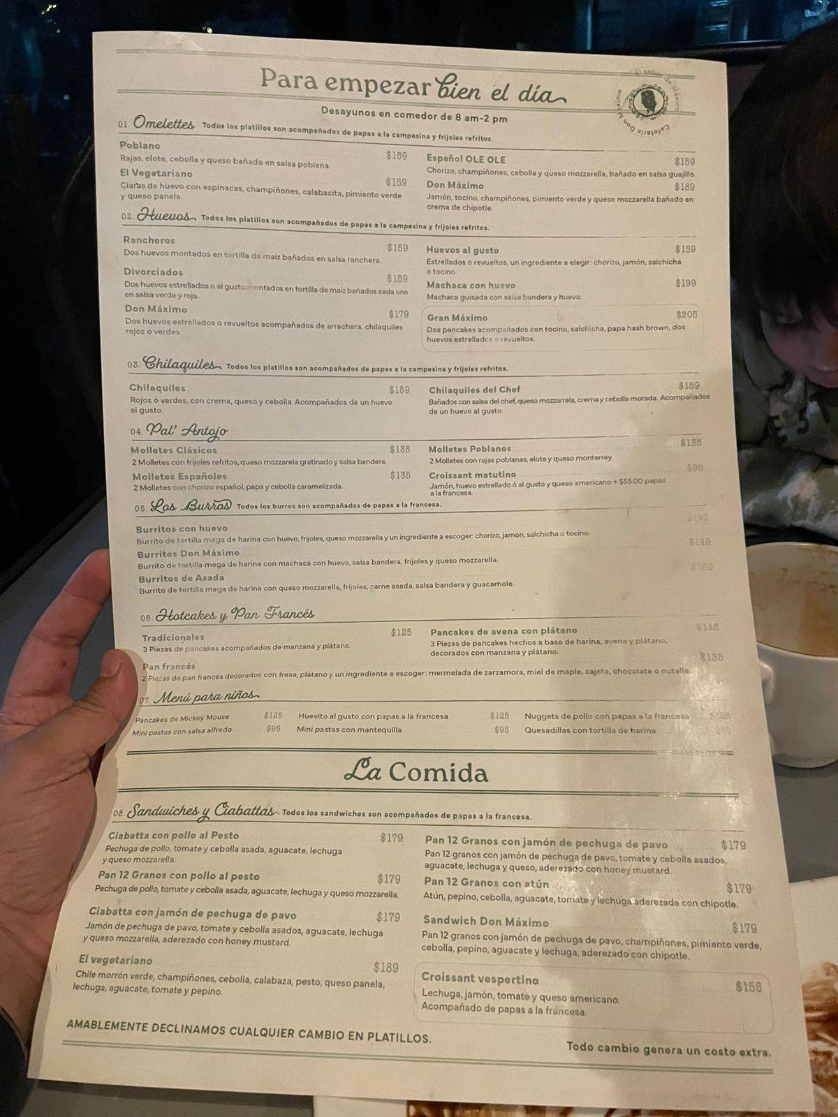 Carta de cafetería Don Máximo, Tijuana