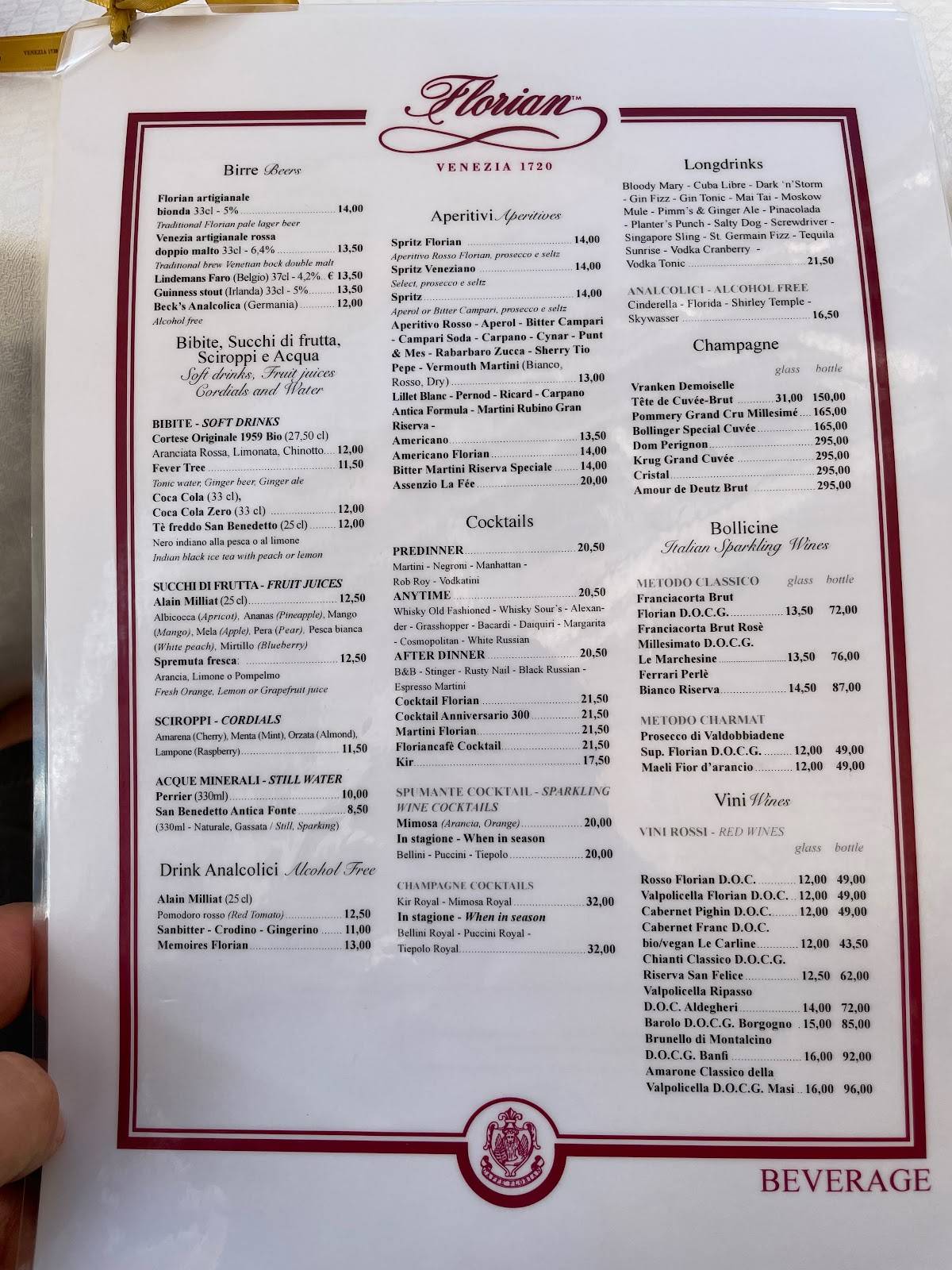 Menu at Caffè Florian cafe, Venice, P.za San Marco