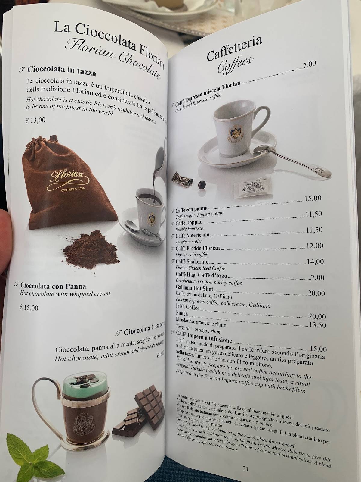 Menu da Caffè Florian caffè bar, Venezia, Piazza San Marco