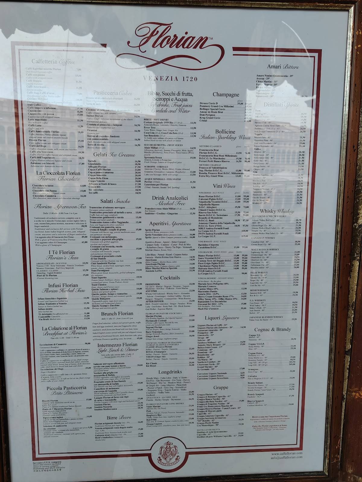 Menu at Caffè Florian cafe, Venice, P.za San Marco