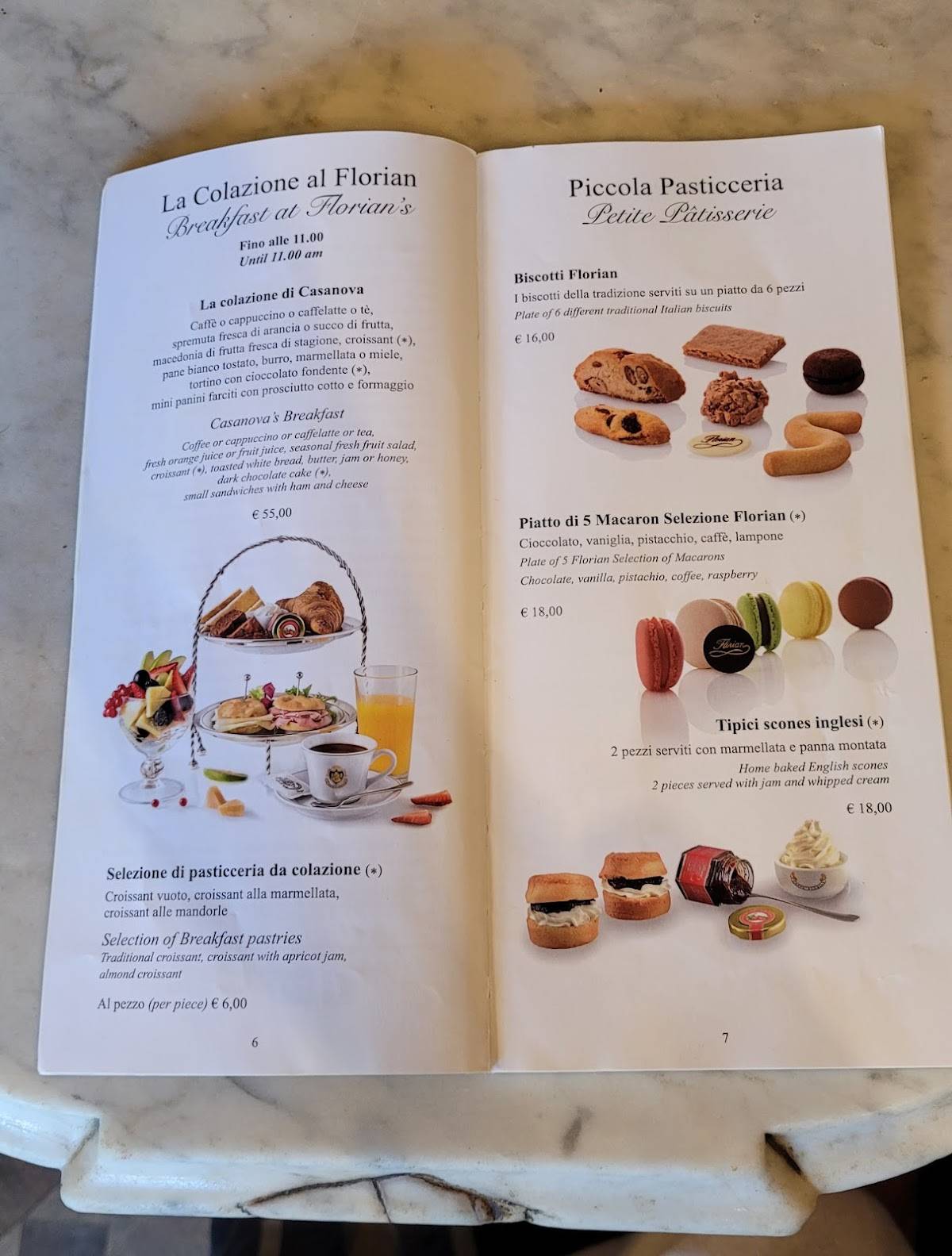 Menu at Caffè Florian cafe, Venice, P.za San Marco