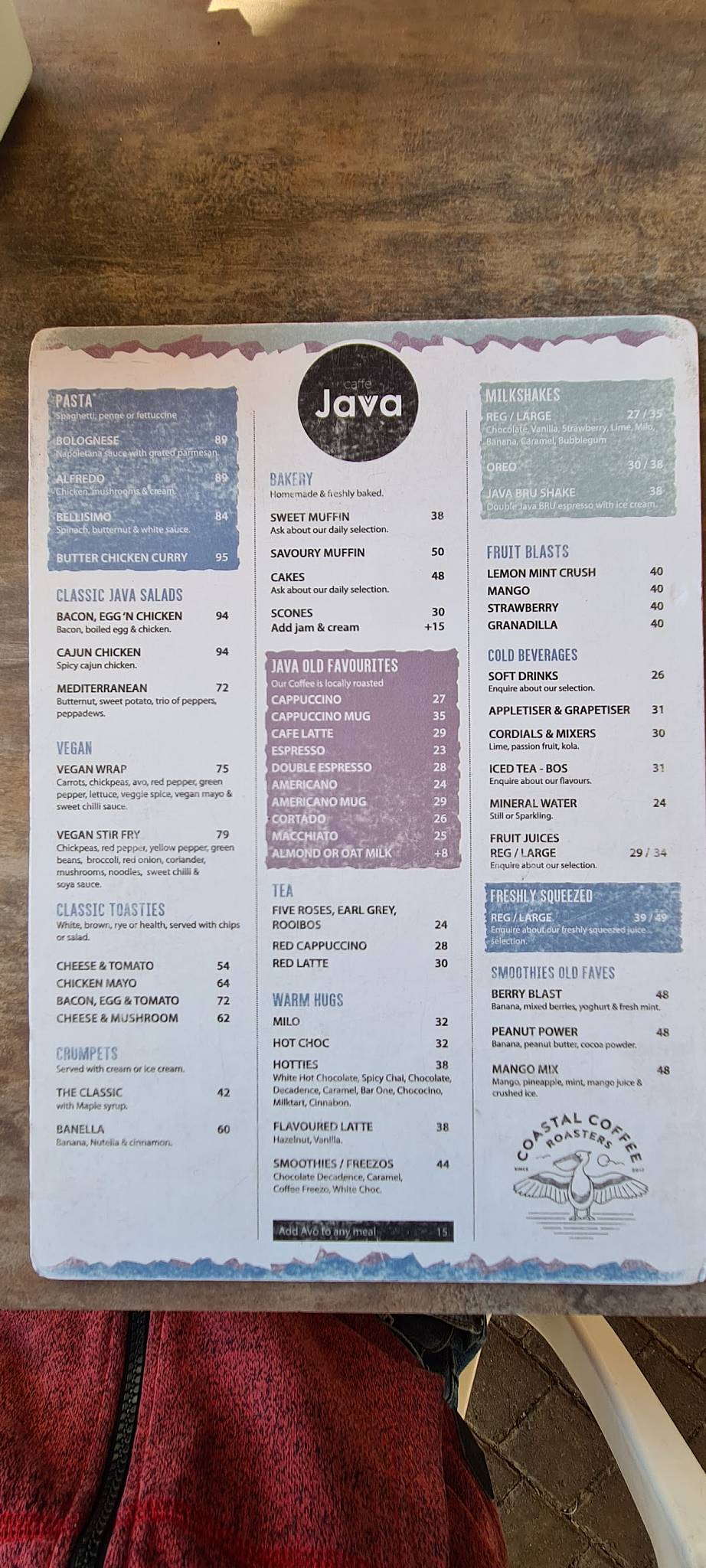 Menu at Caffé Java cafe, Durban, 54 Adelaide Tambo Dr