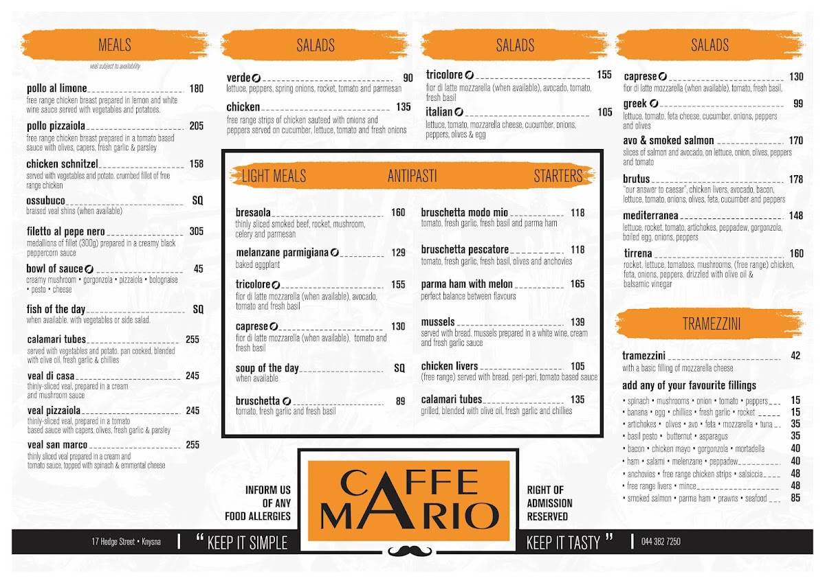 Menu at Caffe Mario Knysna restaurant, Knysna