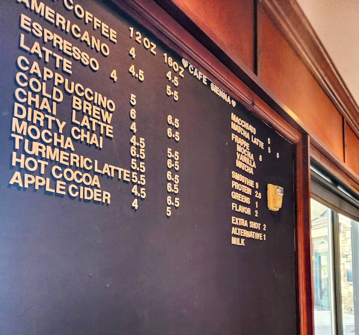 Menu at Caffe Siena cafe, Aspen
