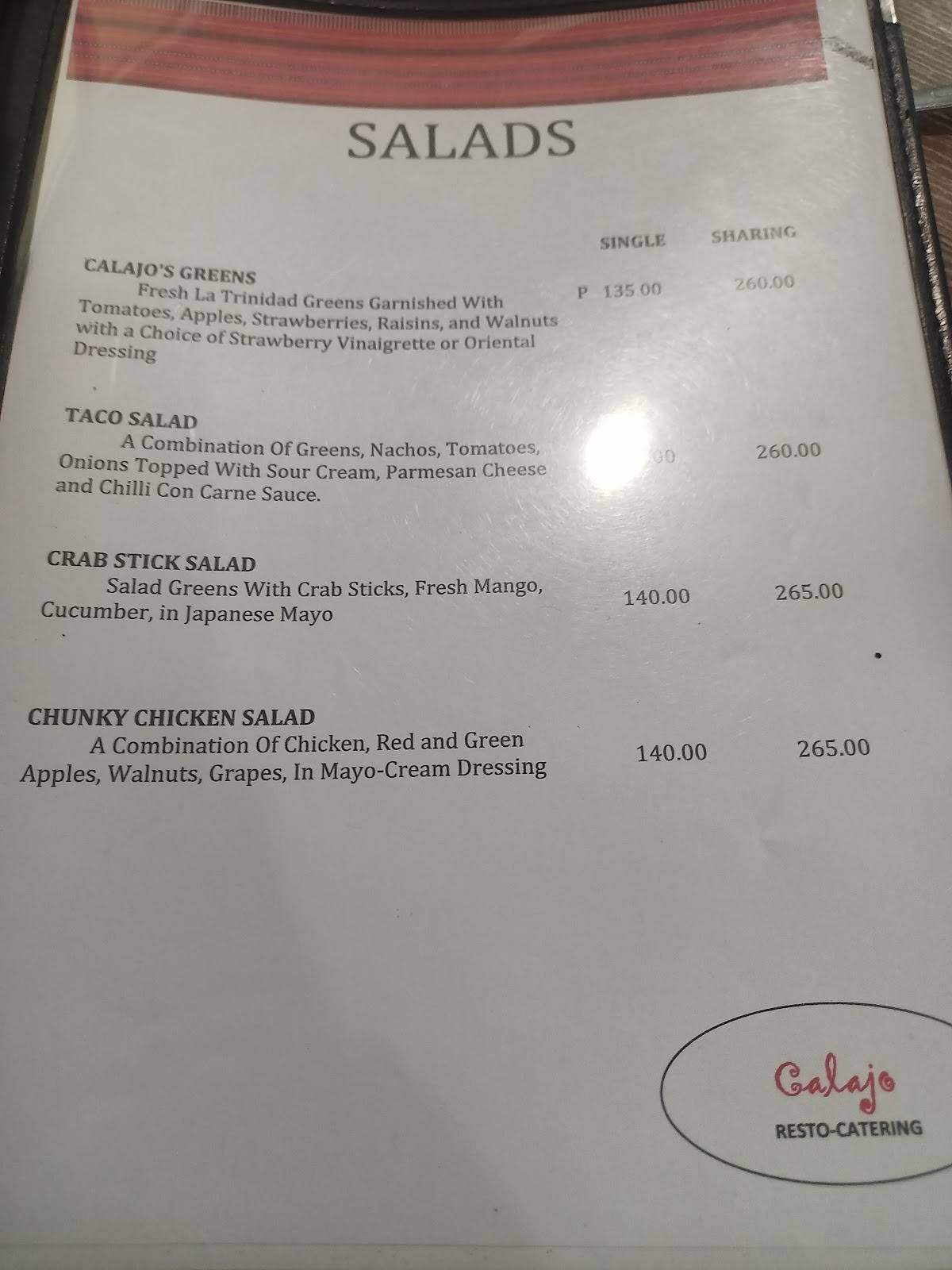 Menu at Calajo Resto restaurant, La Trinidad, FH4Q+JGP