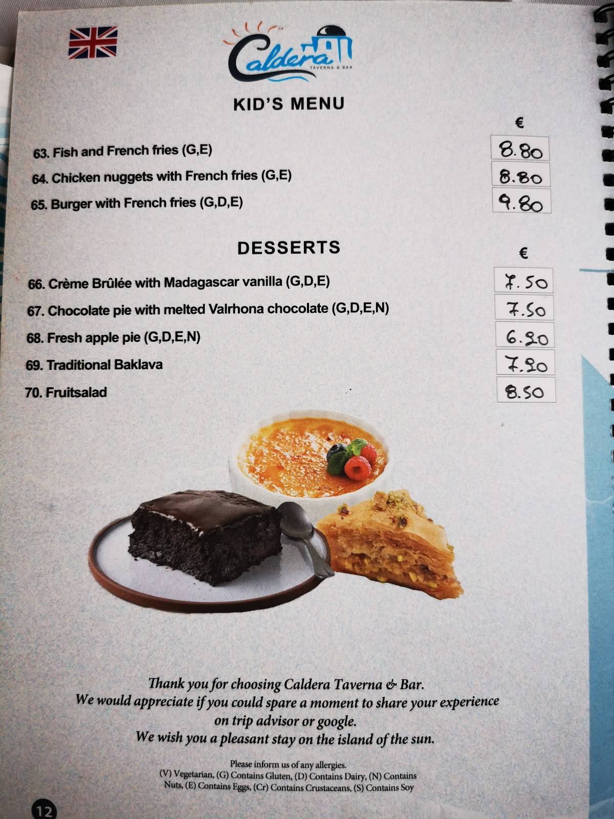 Menu at Caldera Taverna Bar, Rhodes