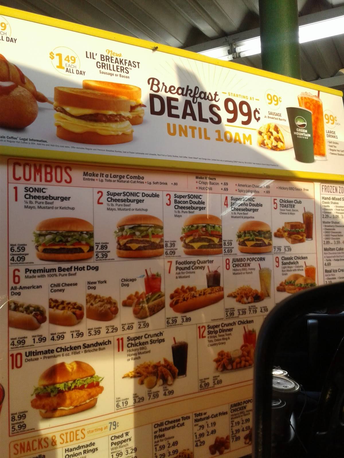 Menu at Sonic Drive-In fast food, Caldwell, 230 TX-36