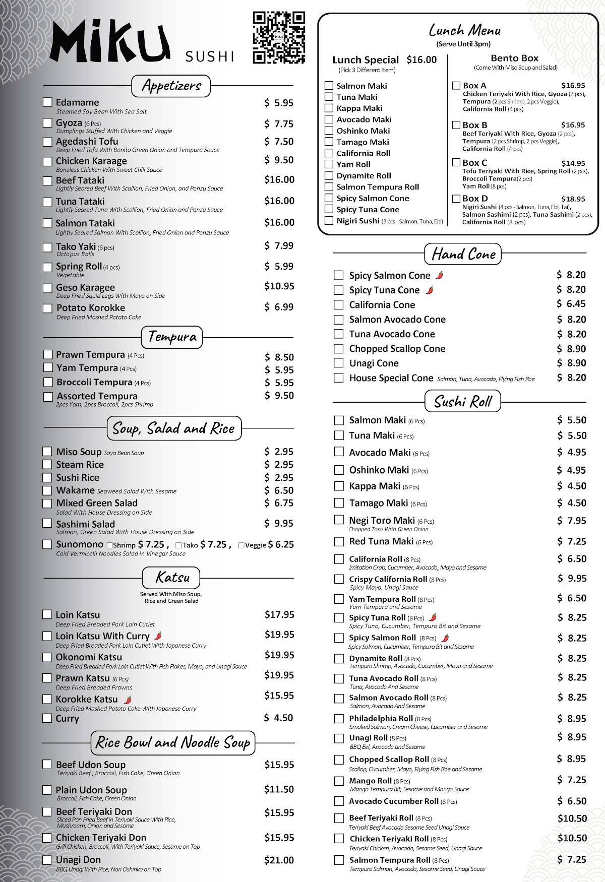 Menu at Miku Sushi restaurant, Calgary