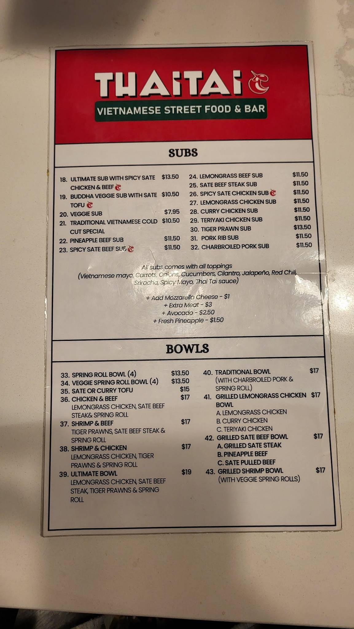 Menu at Thai Tai Vietnamese restaurant, Calgary, 8 St SW