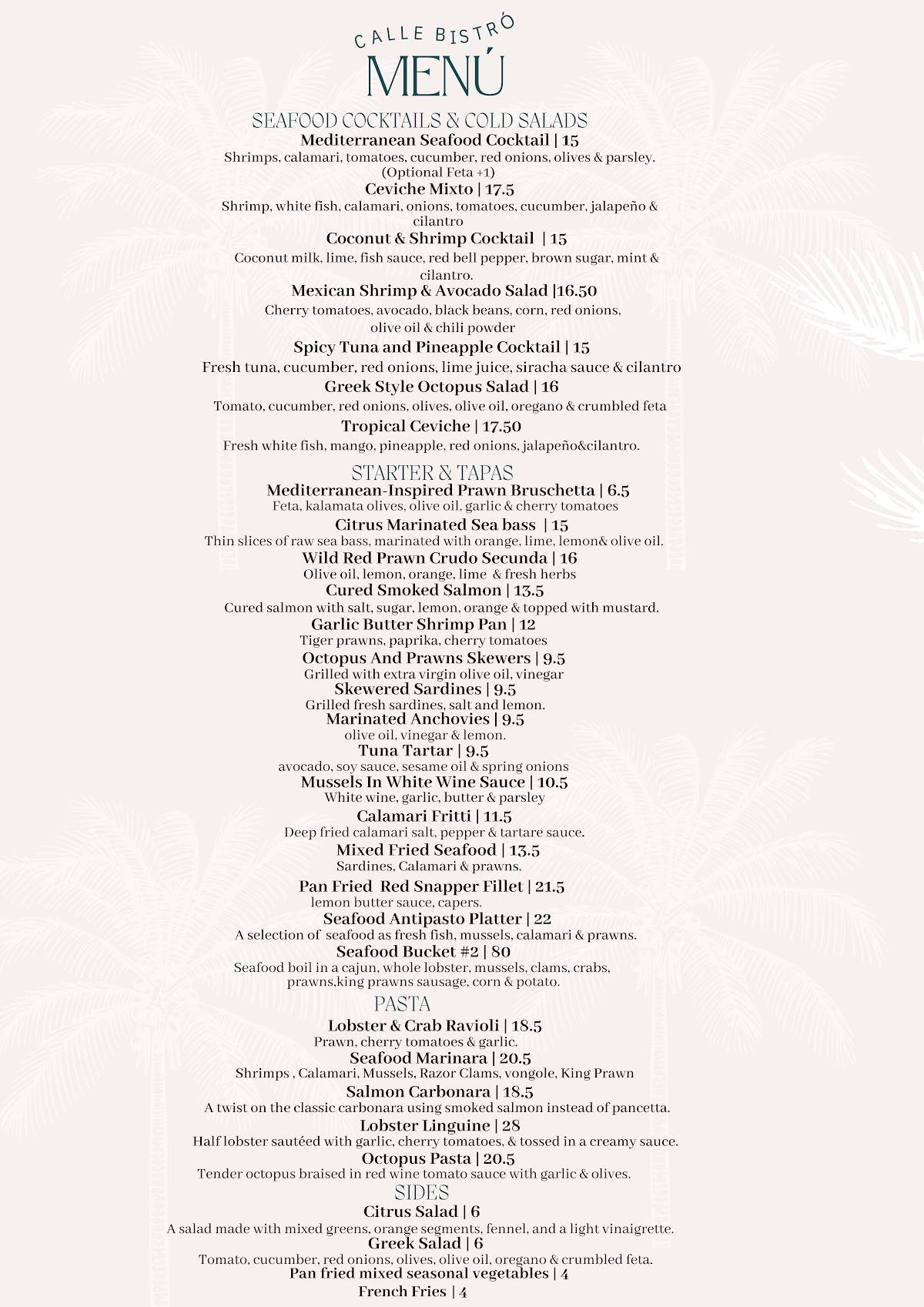 Menu at Calle Bistro Seafood restaurant, Sliema