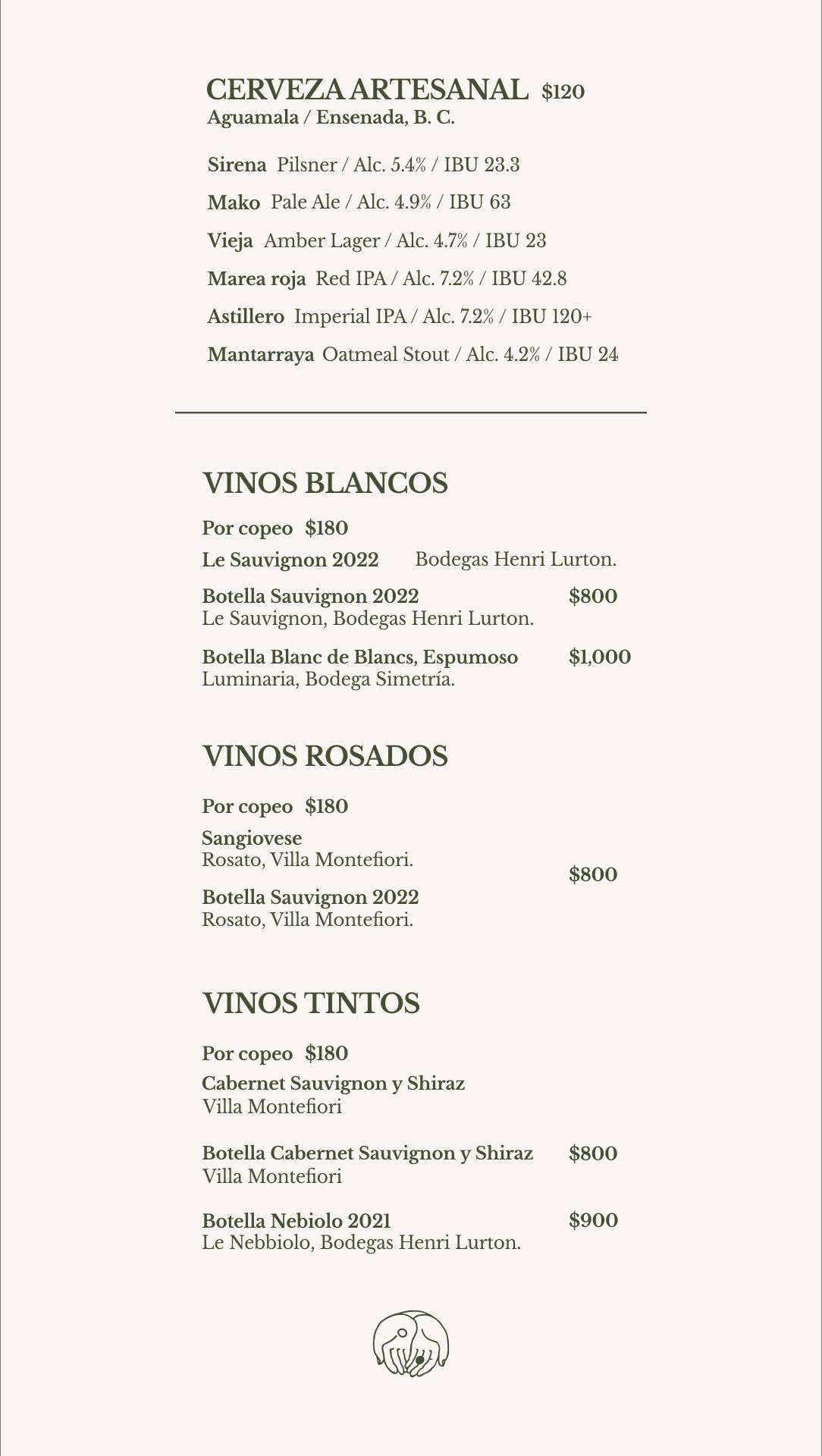 Menu at Calma restaurant, Ensenada