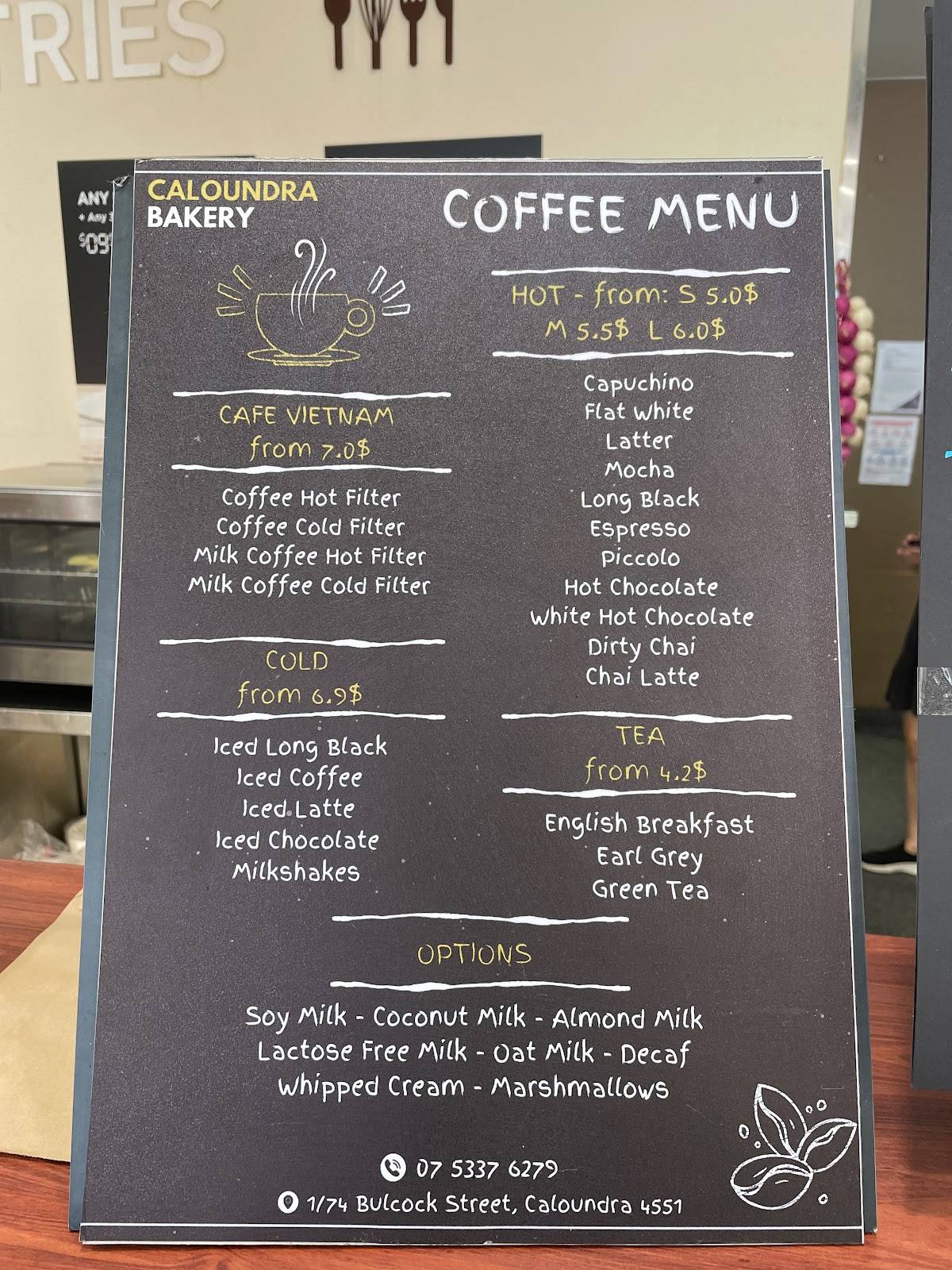 Menu at Caloundra bakery, Caloundra