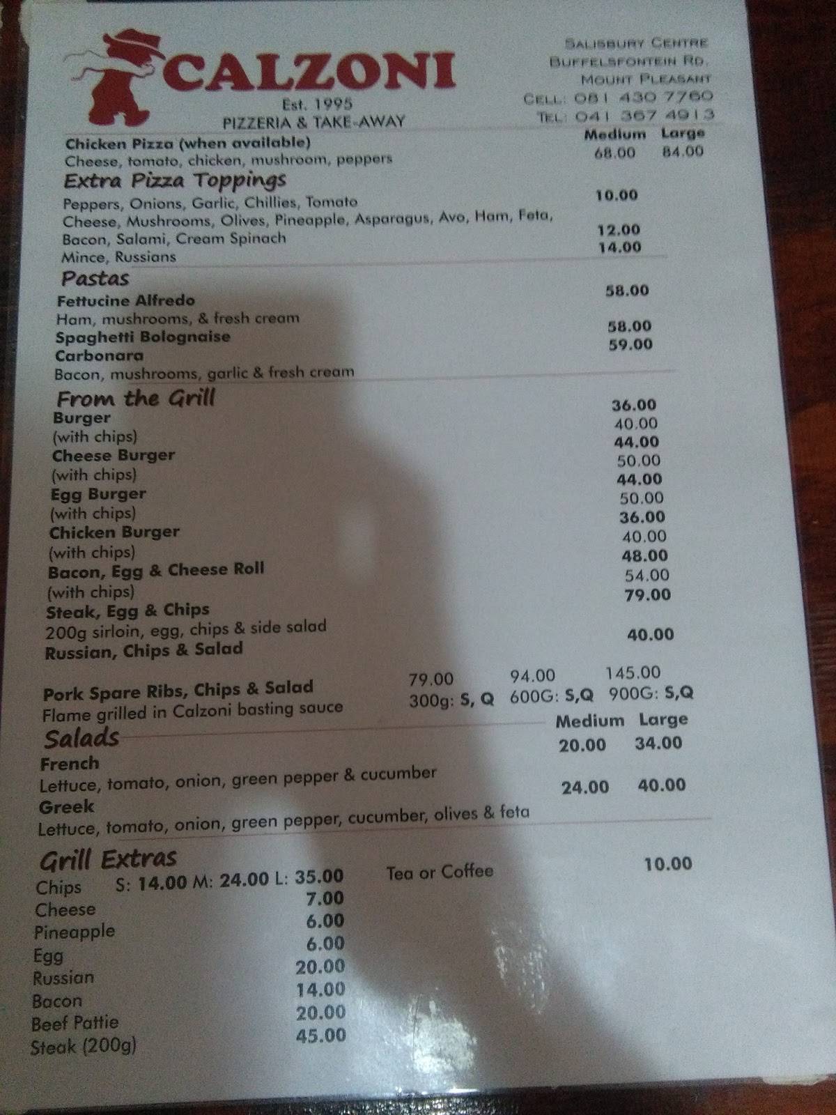 Menu at Calzoni pizzeria, South Africa