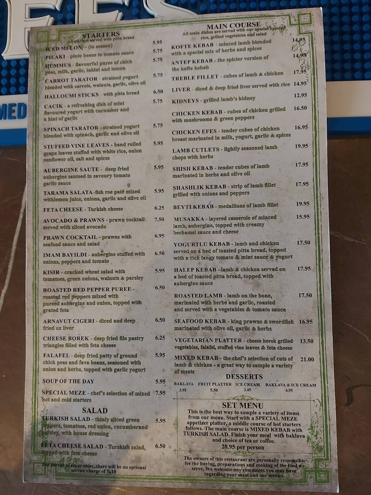 Menu at Efes Restaurant, Cambridge