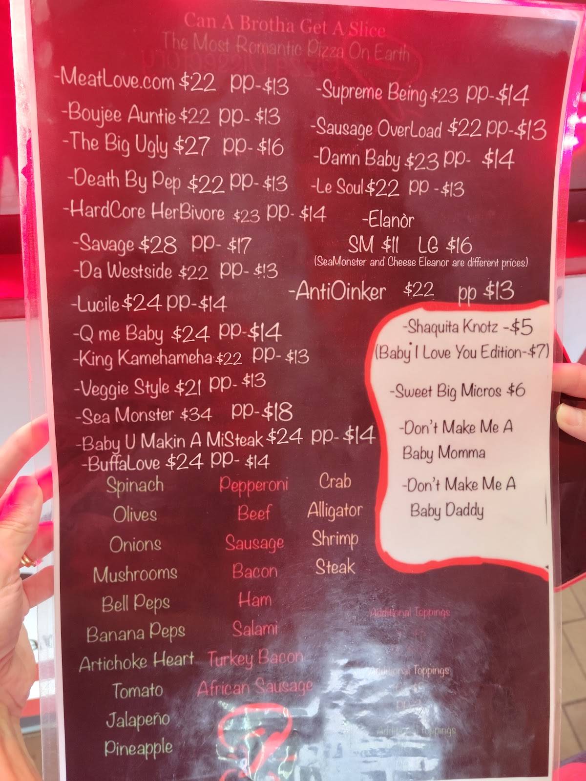 Menu at Can a brotha get a slice restaurant, Montgomery, S Decatur St