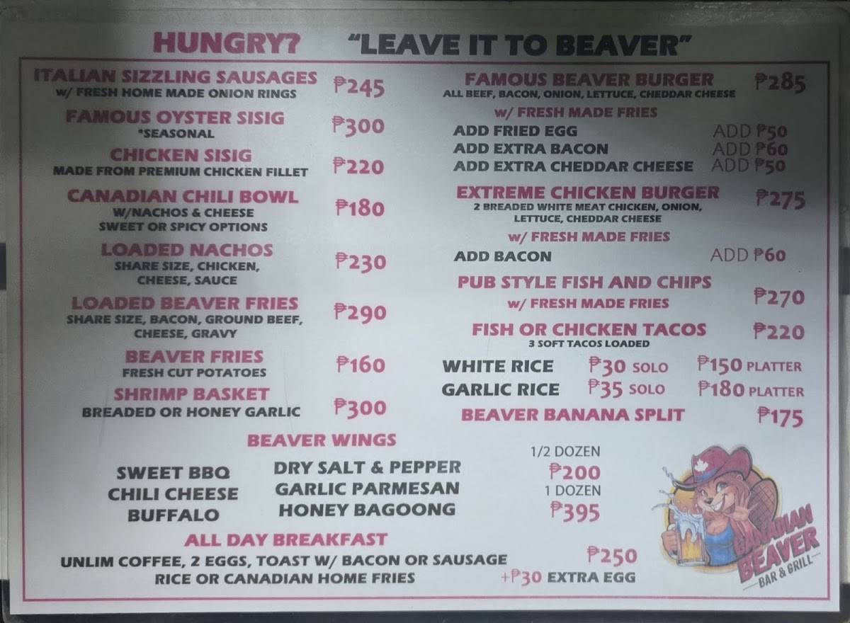 Menu at Canadian Beaver Bar and Grill, Roxas City