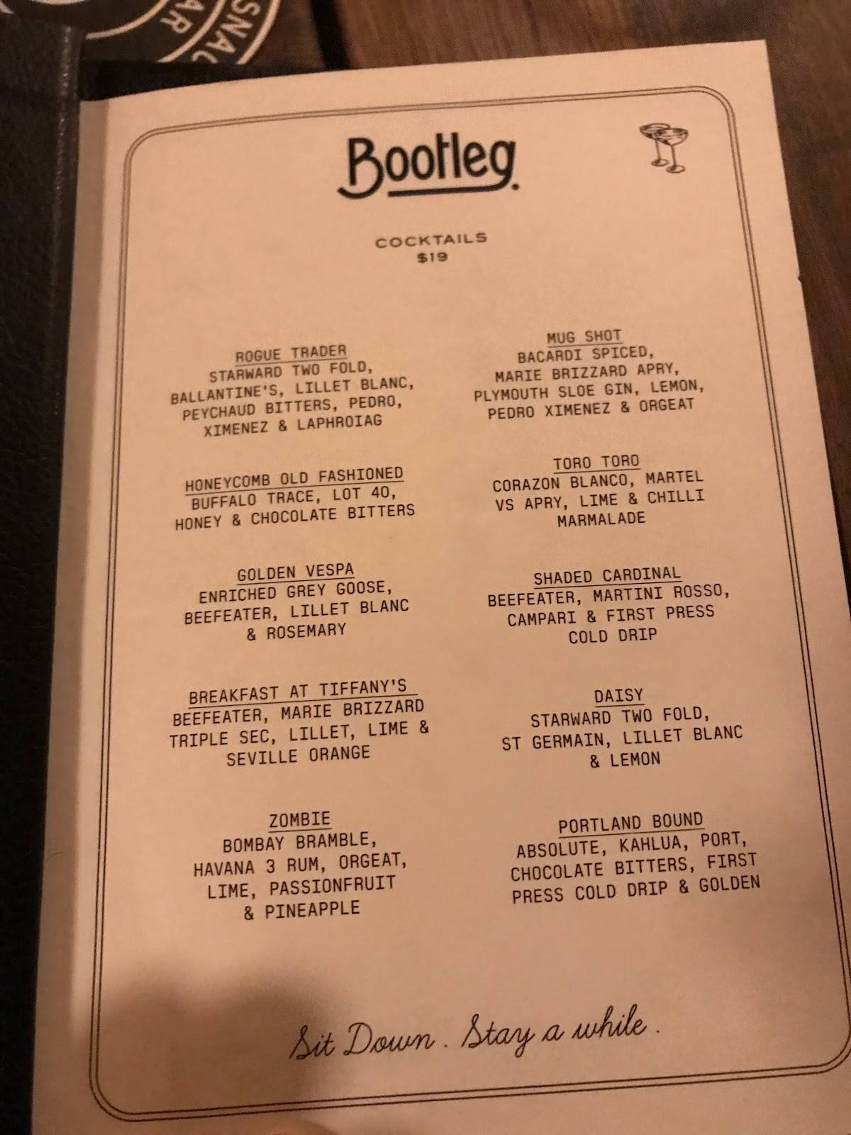 Carta de Bootleg Bar, Canberra