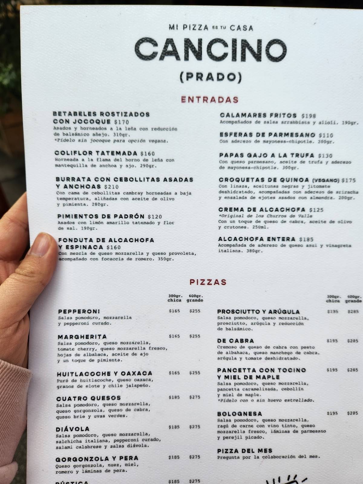 Carta del restaurante Cancino, Ciudad del México, Avenida Prado Norte 343-C