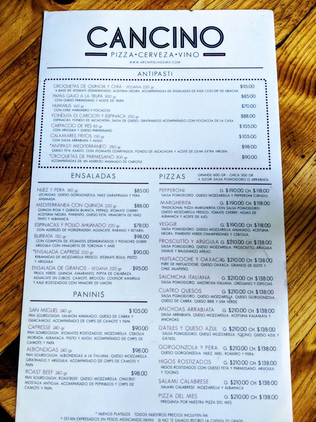 Carta del pub y bar Cancino, Ciudad López Mateos, Pl. Villa del Madrid 17