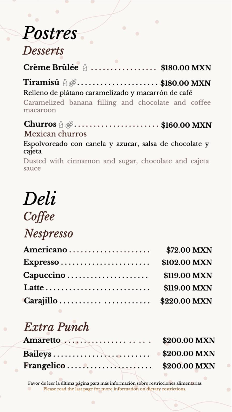 Menu at Wander Rooftop restaurant, Cancún