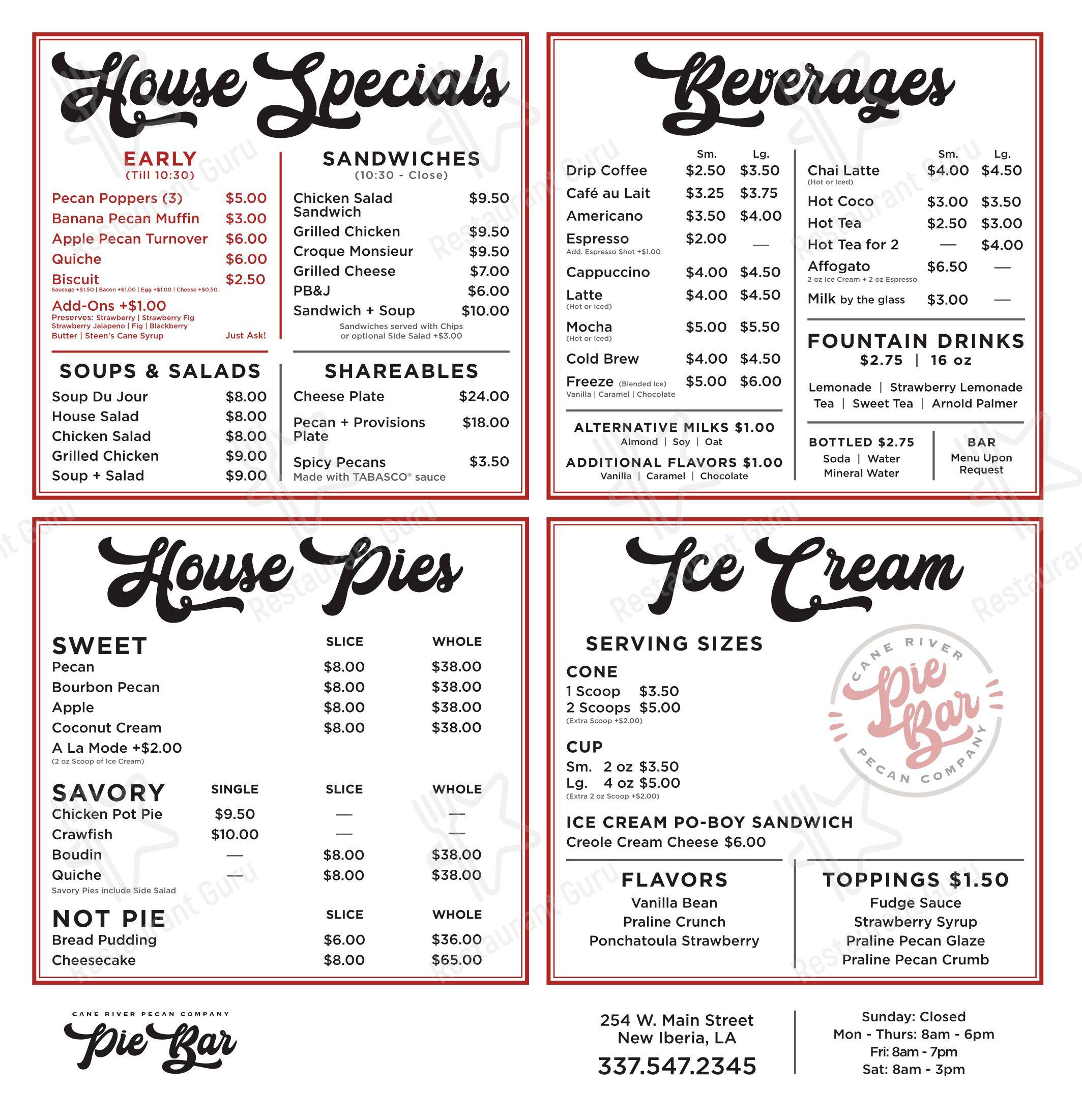 Menu at Cane River Pecan Company Pie Bar, New Iberia