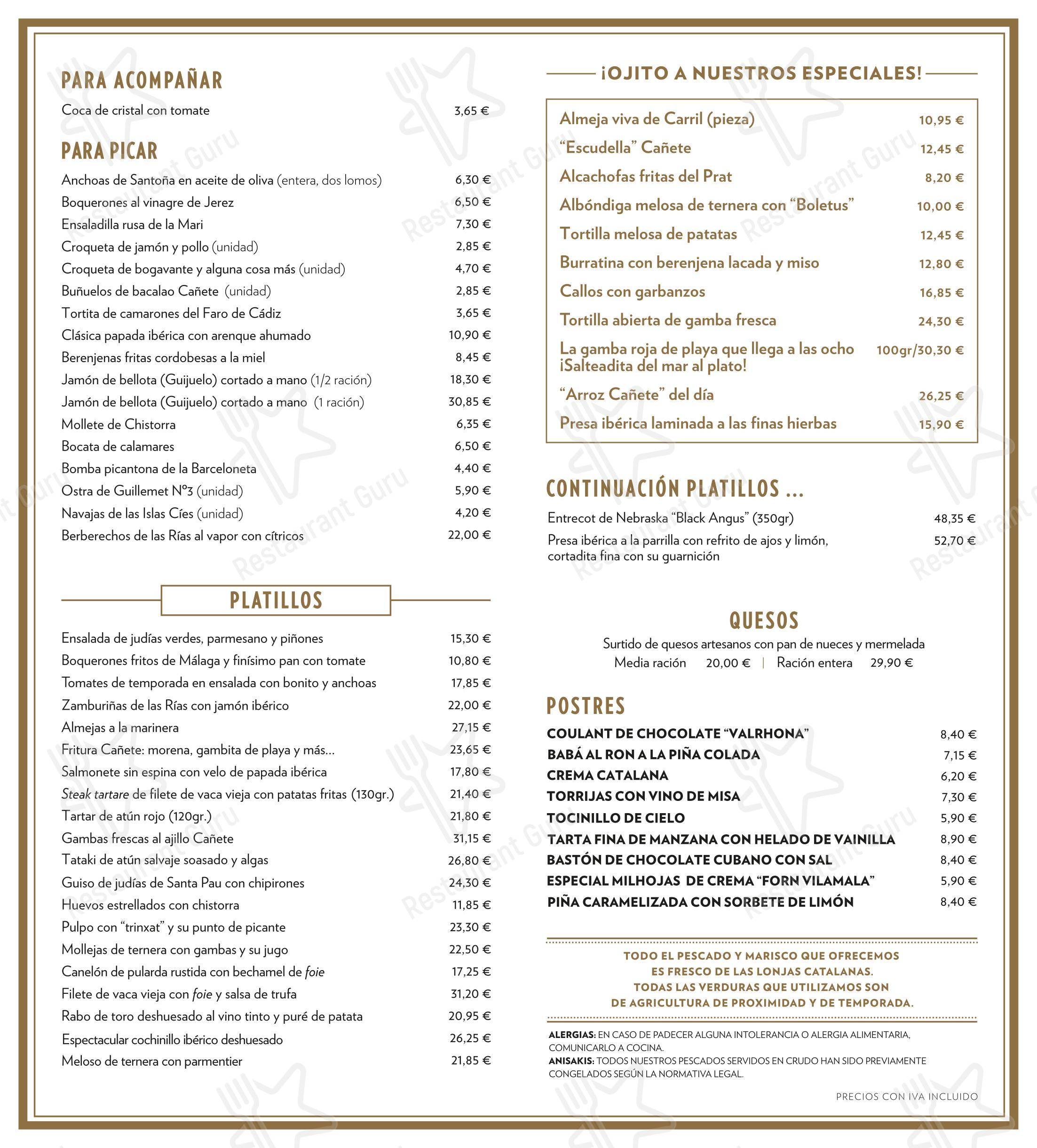 Menu at Cañete pub & bar, Barcelona, Carrer de la Unió