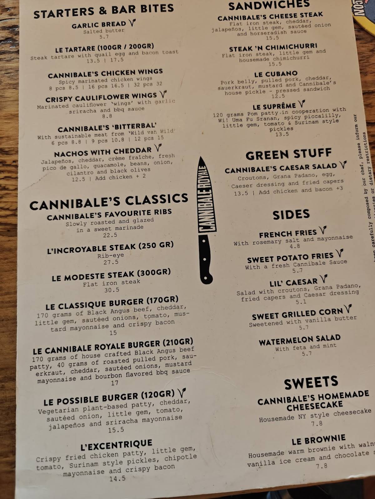 Speisekarte von Cannibale Royale, Amsterdam, Handboogstraat 17a