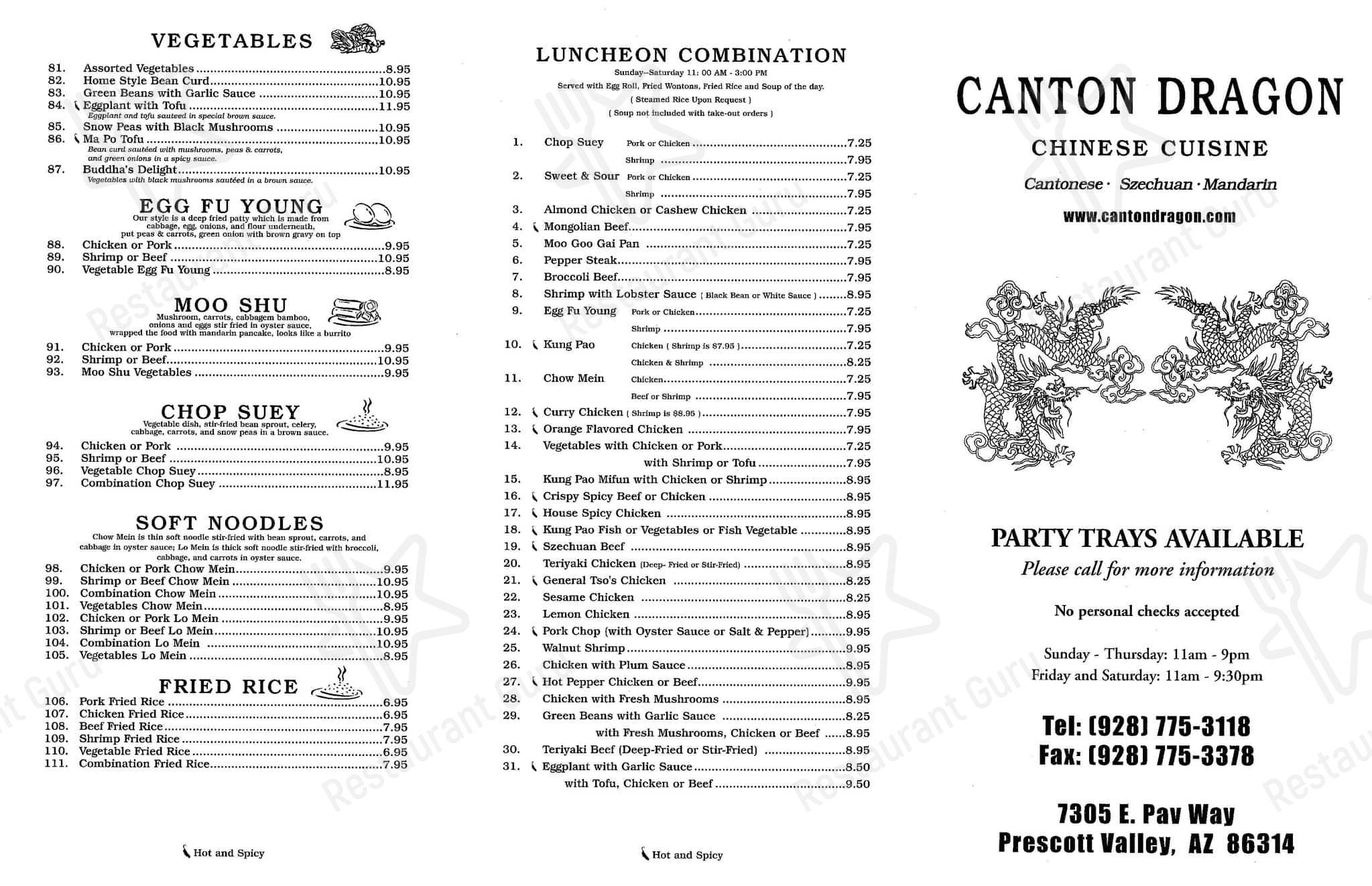 Menu at Canton Dragon Chinese Cuisine restaurant, Prescott Valley, Pav Way