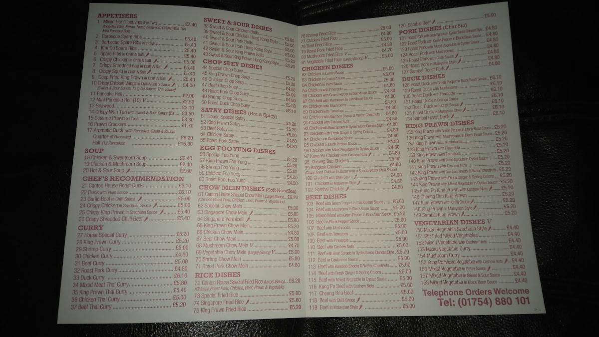 Menu at Canton House fast food, Skegness