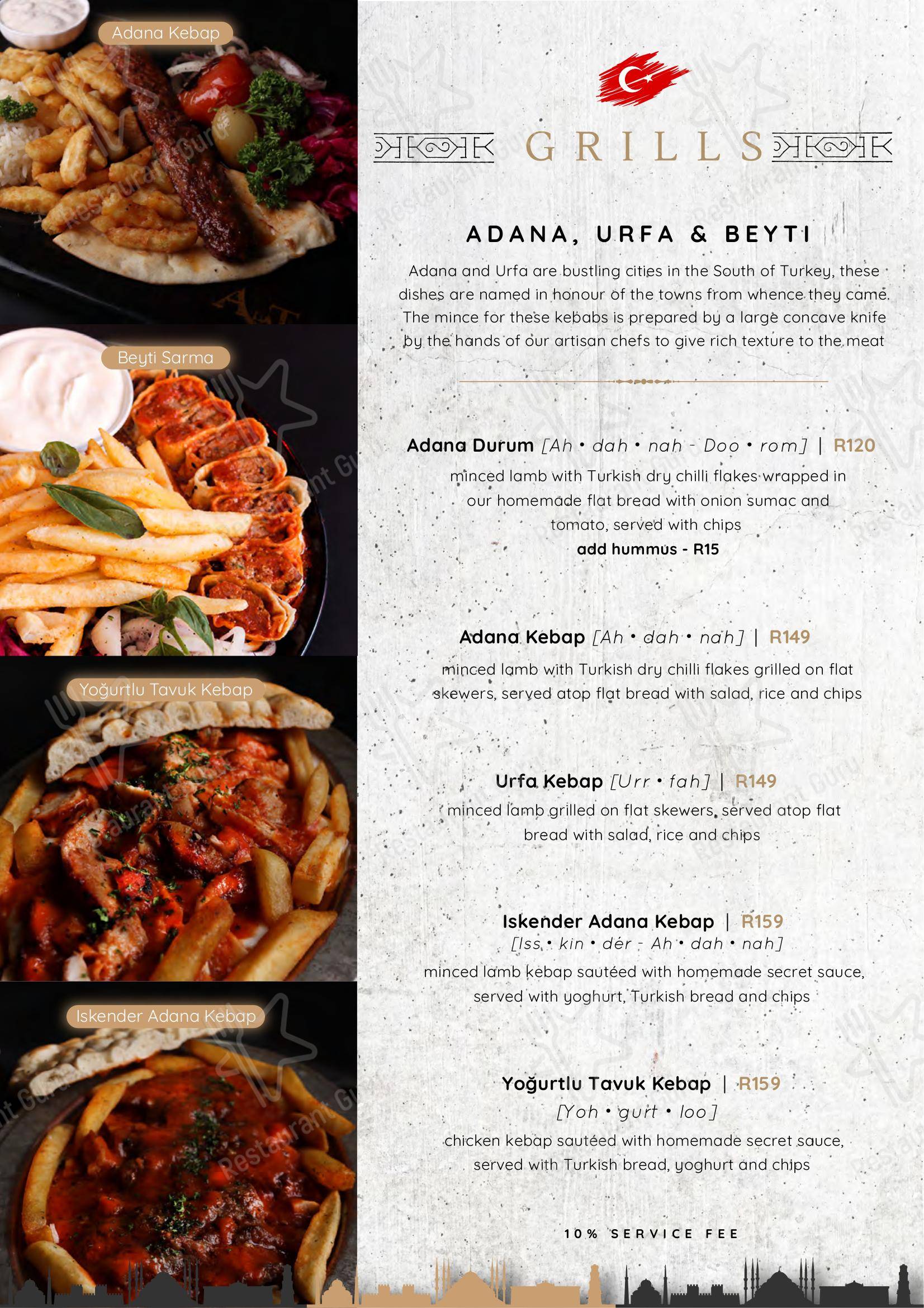 Menu at Ala Turkish restaurant, Cape Town