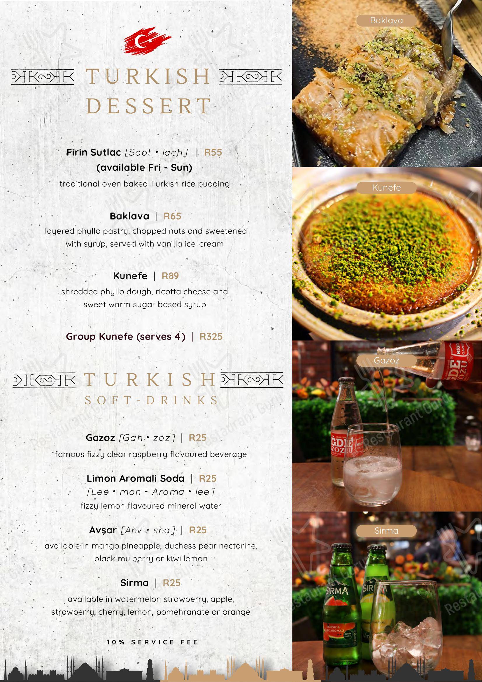 Menu at Ala Turkish restaurant, Cape Town