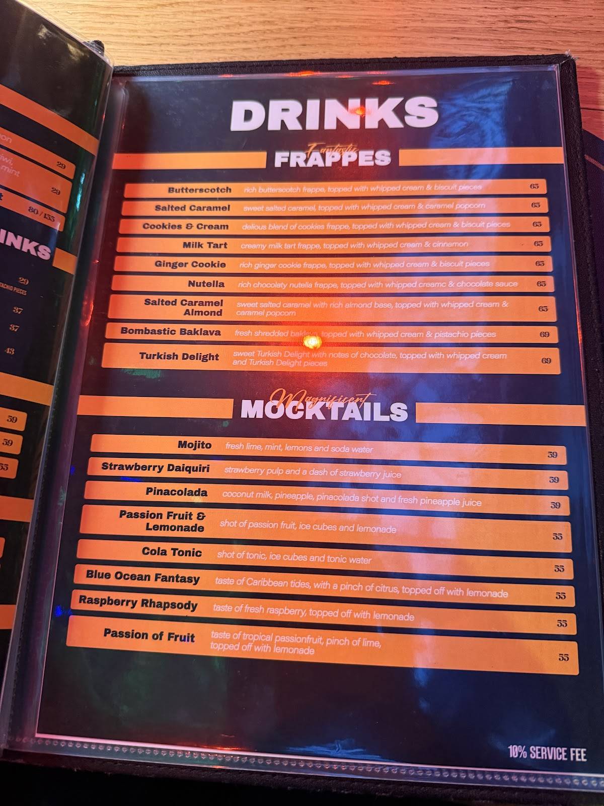 Menu at Ala Turkish restaurant, Cape Town