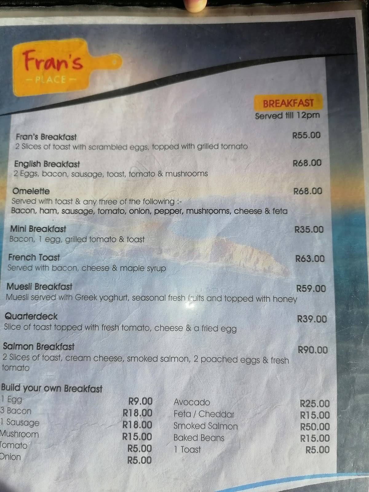 Menu at Fran's Place restaurant, Cape Town, 111 Jubilee St