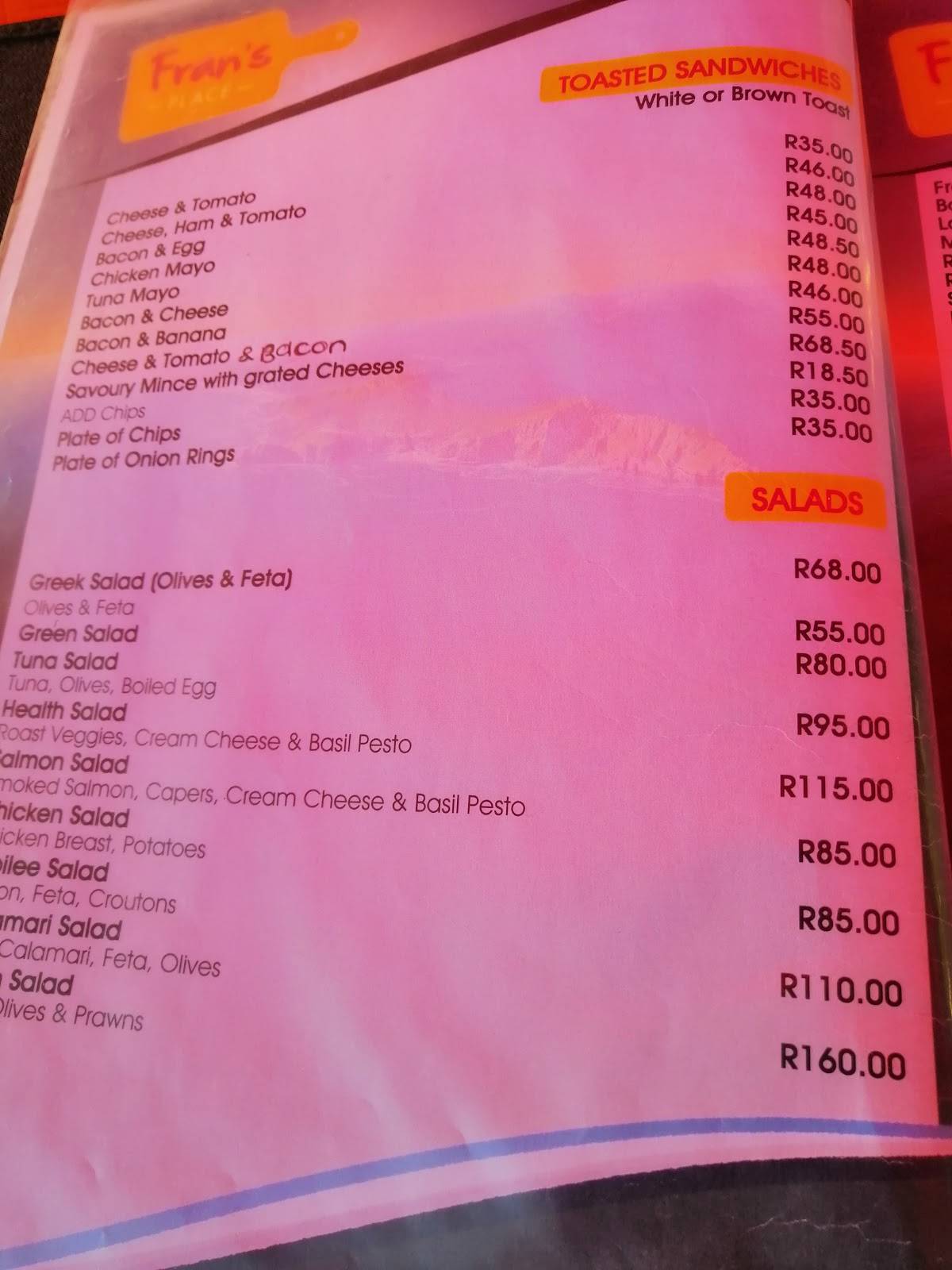 Menu at Fran's Place restaurant, Cape Town, 111 Jubilee St