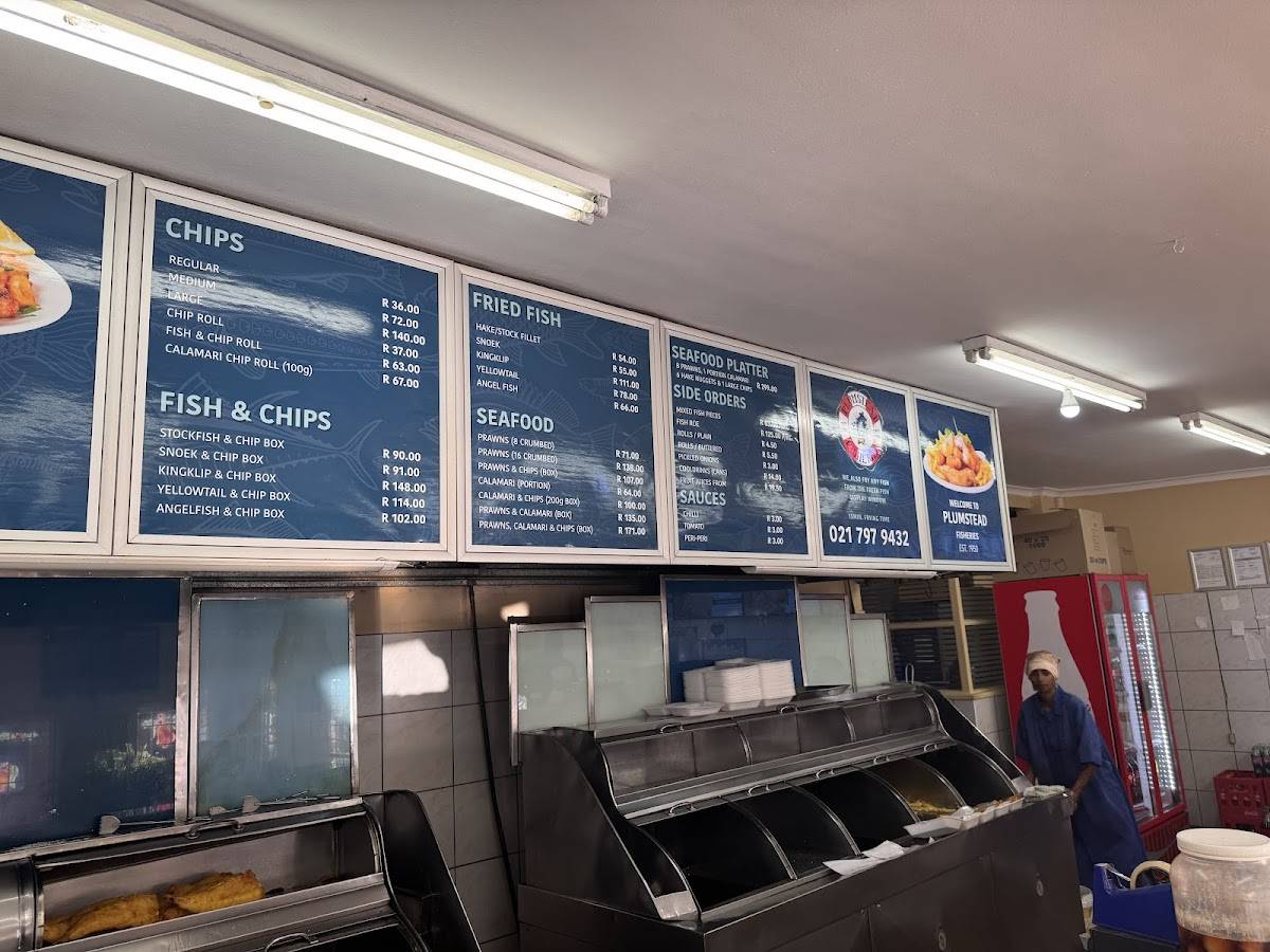Menu at Plumstead Fisheries restaurant, Cape Town